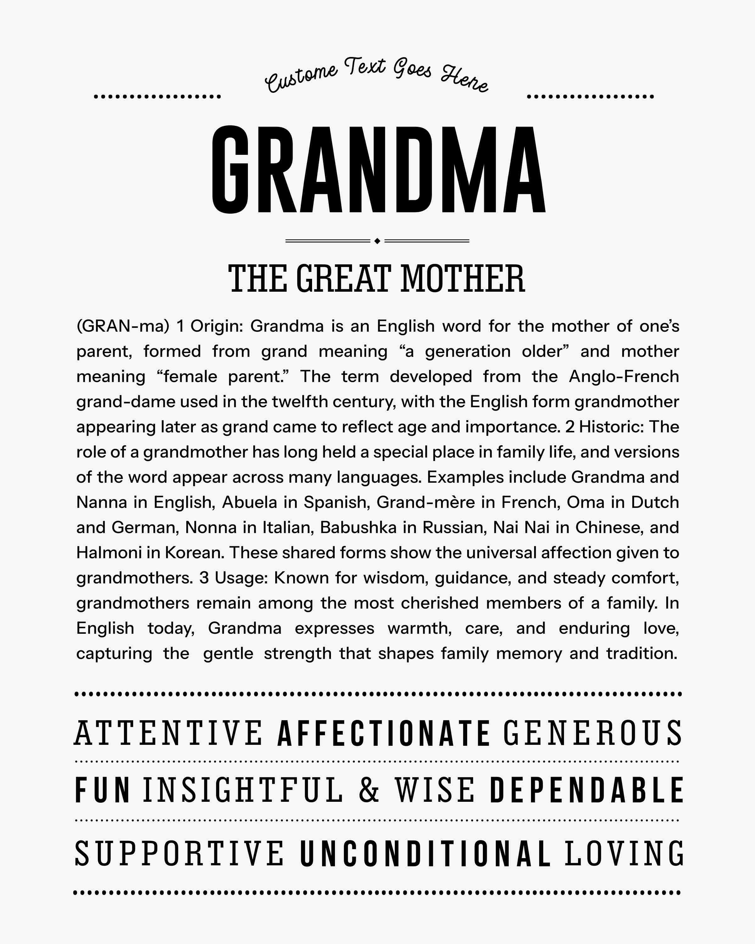 Grandma Personalized Name Meaning Classic Art Print – Name Stories UK