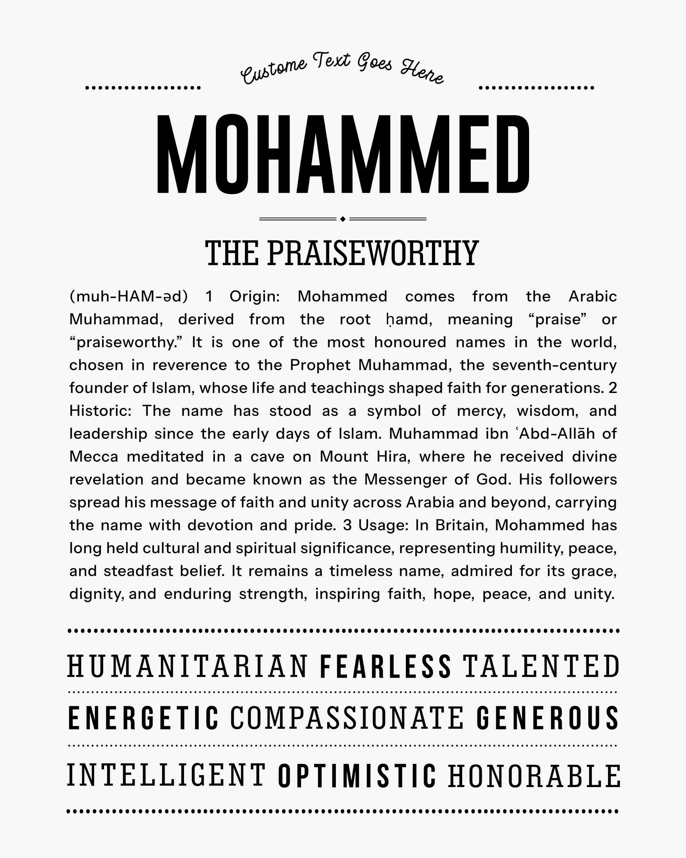 Mohammed Personalized Name Meaning Classic Art Print – Name Stories UK