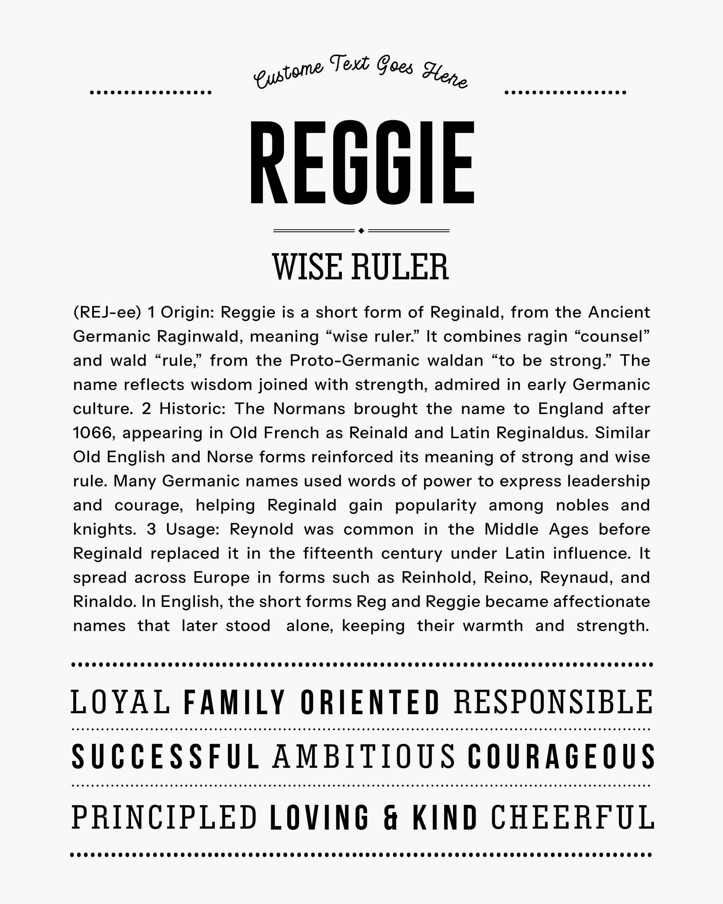 Reggie Personalized Name Meaning Classic Art Print – Name Stories UK