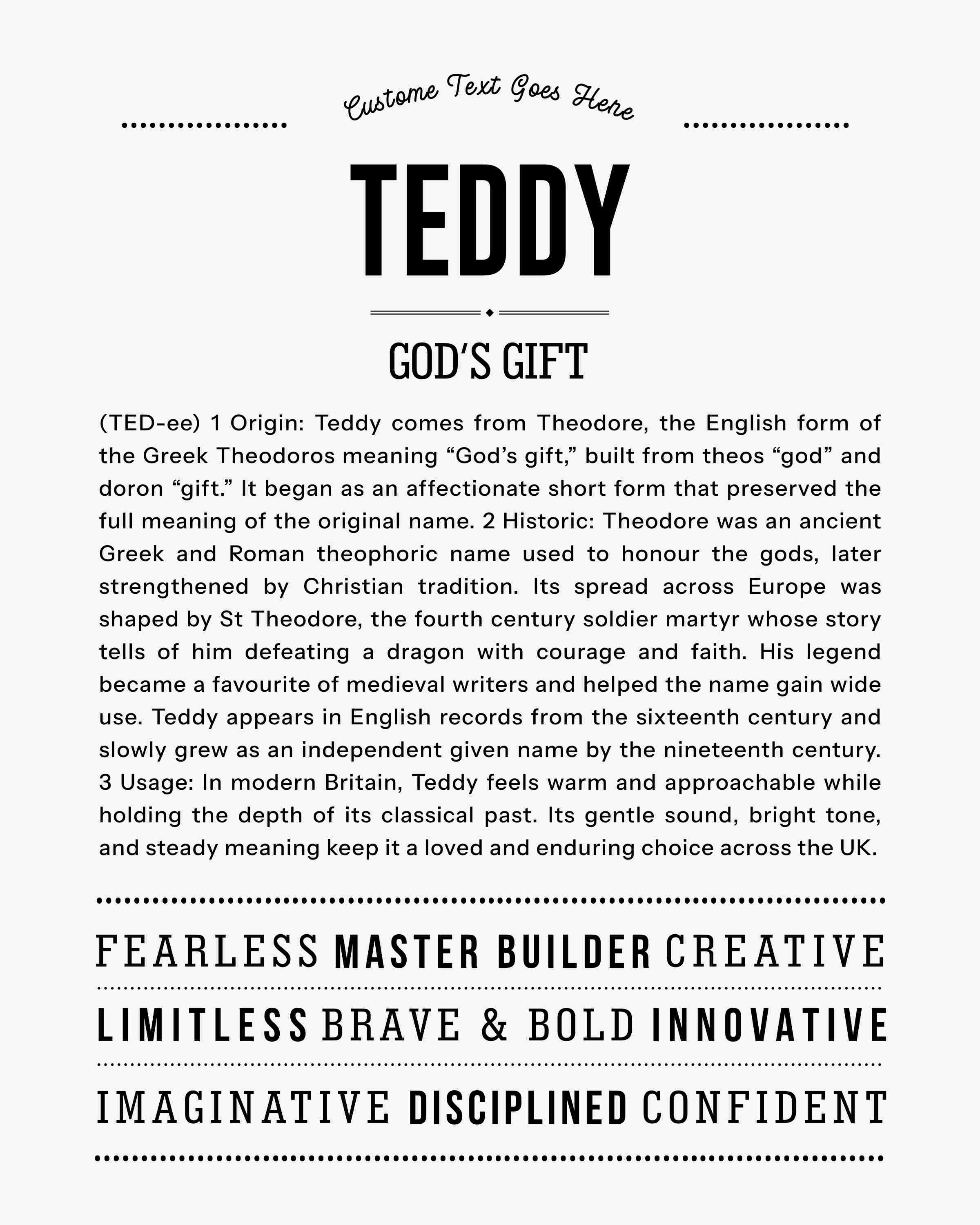 Teddy Personalized Name Meaning Classic Art Print – Name Stories UK